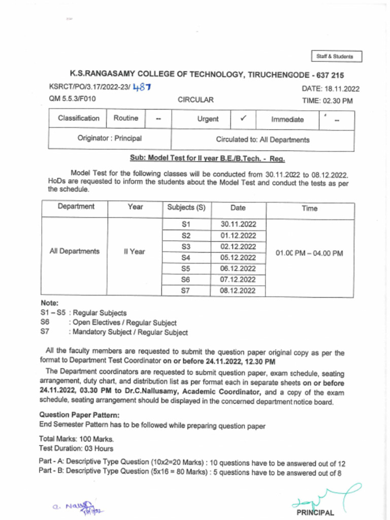 487 II Year Model Test Circular | PDF
