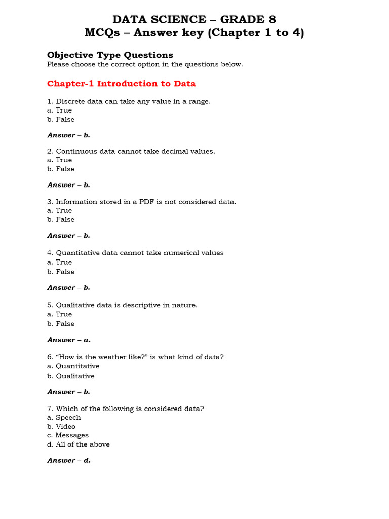 Class 8 Answer Key Mcqs Ch 1 To 4 Objective Type Questions Pdf