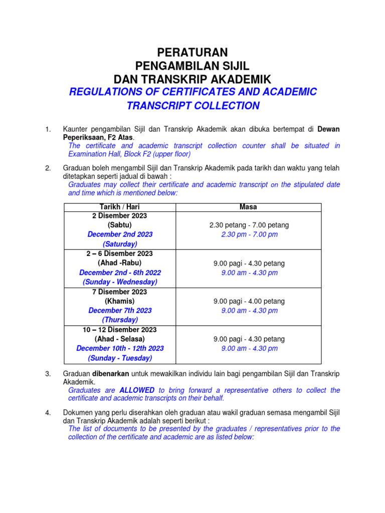 2023 Peraturan Pengambilan Sijil Transkrip Akademik | PDF