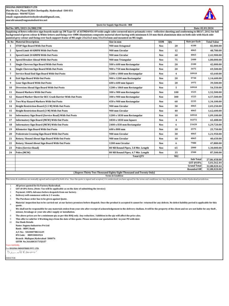 Sign Boards Quotation - Suguna Industries - Supply of Sign Boards | PDF ...