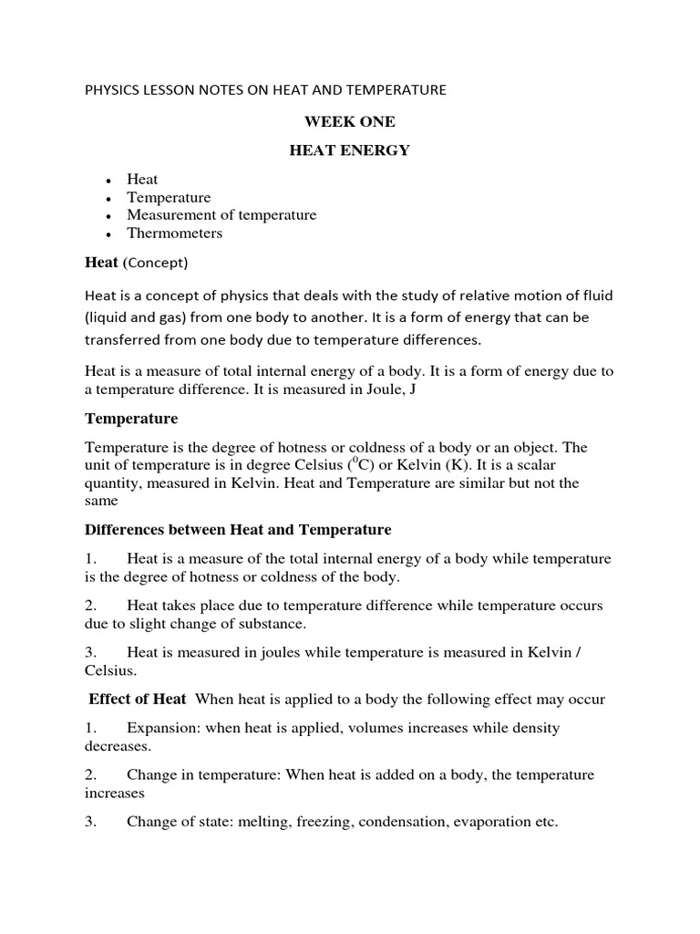 16773_physics Lesson Notes on Heat and Temperature | PDF | Temperature ...