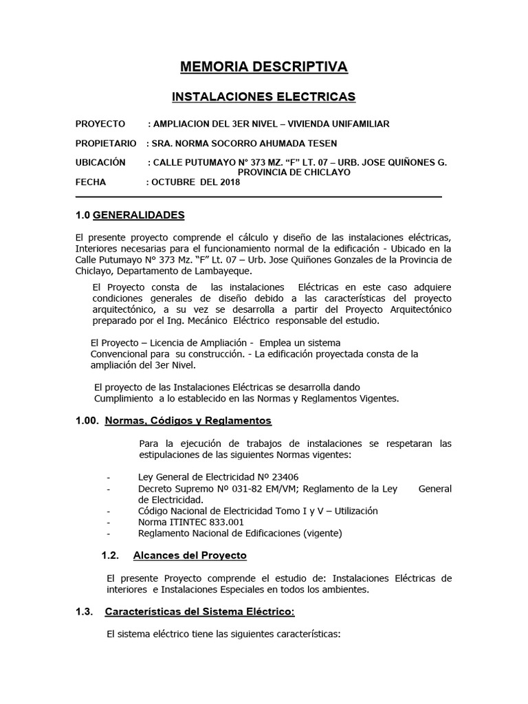 Electricas Memoria Descriptiva | PDF | Conductor electrico | Cobre