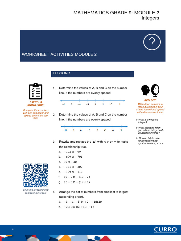 Grade 9 Module 2 Integers WS | PDF | Numbers | Subtraction