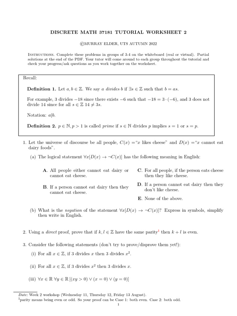 Discrete Math Tutorial Worksheet 2 | PDF | If And Only If | Mathematics