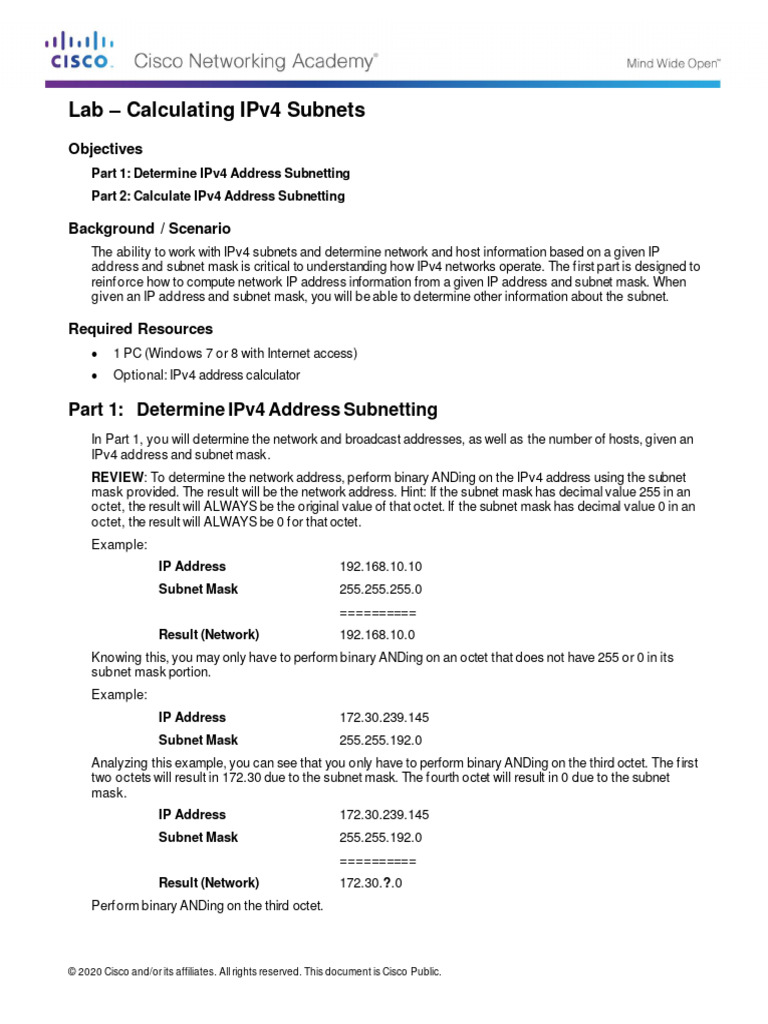 Lab 2 1 Calculating Ipv4 Subnets Pdf Ip Address Internet Standards
