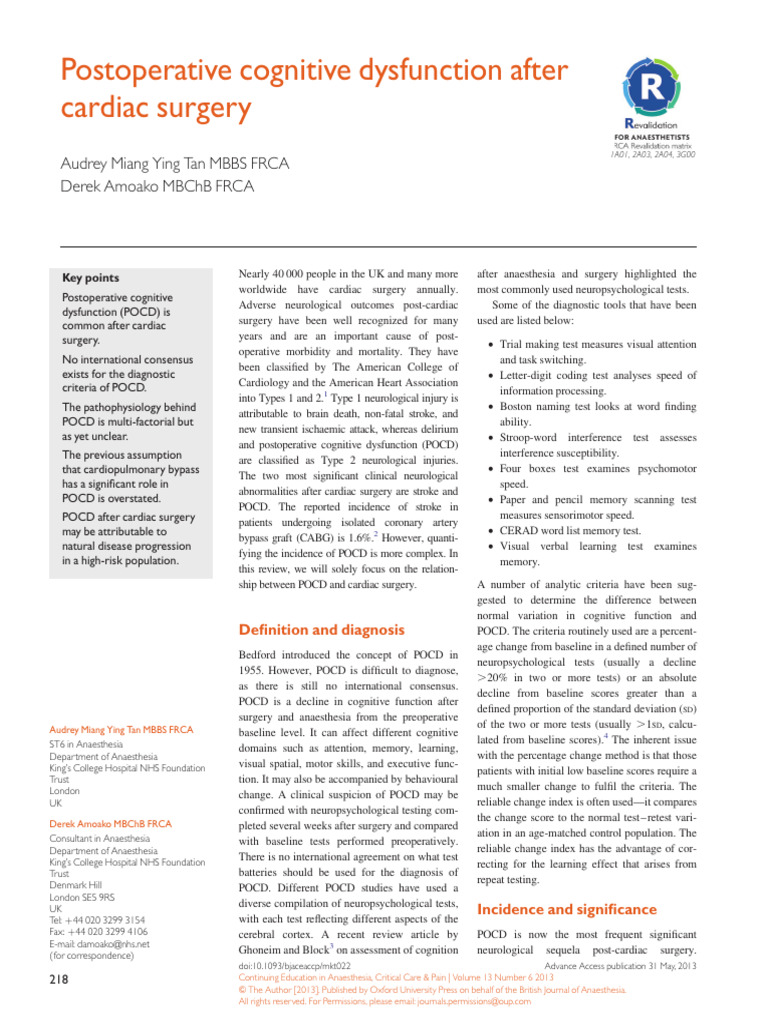 13 BJA Postoperative Cognitive Dysfunction After Cardiac Surgery | PDF ...