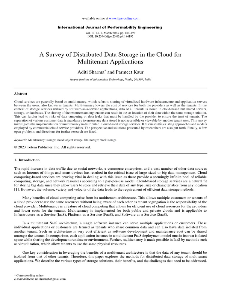 A Survey of Distributed Data Storage in the Cloud for Multitenant ... A Survey of Distributed Data Storage in the Cloud for Multitenant ...