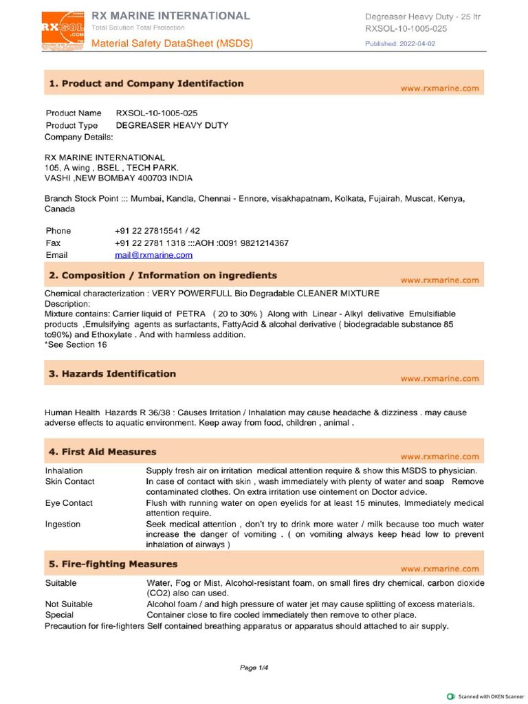 MSDS - Rxsol 10 1005 025 | PDF