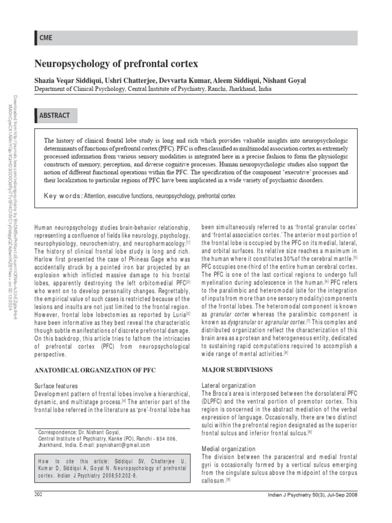 Neuropsychology of Prefrontal Cortex.13 | PDF | Prefrontal Cortex | Executive Functions