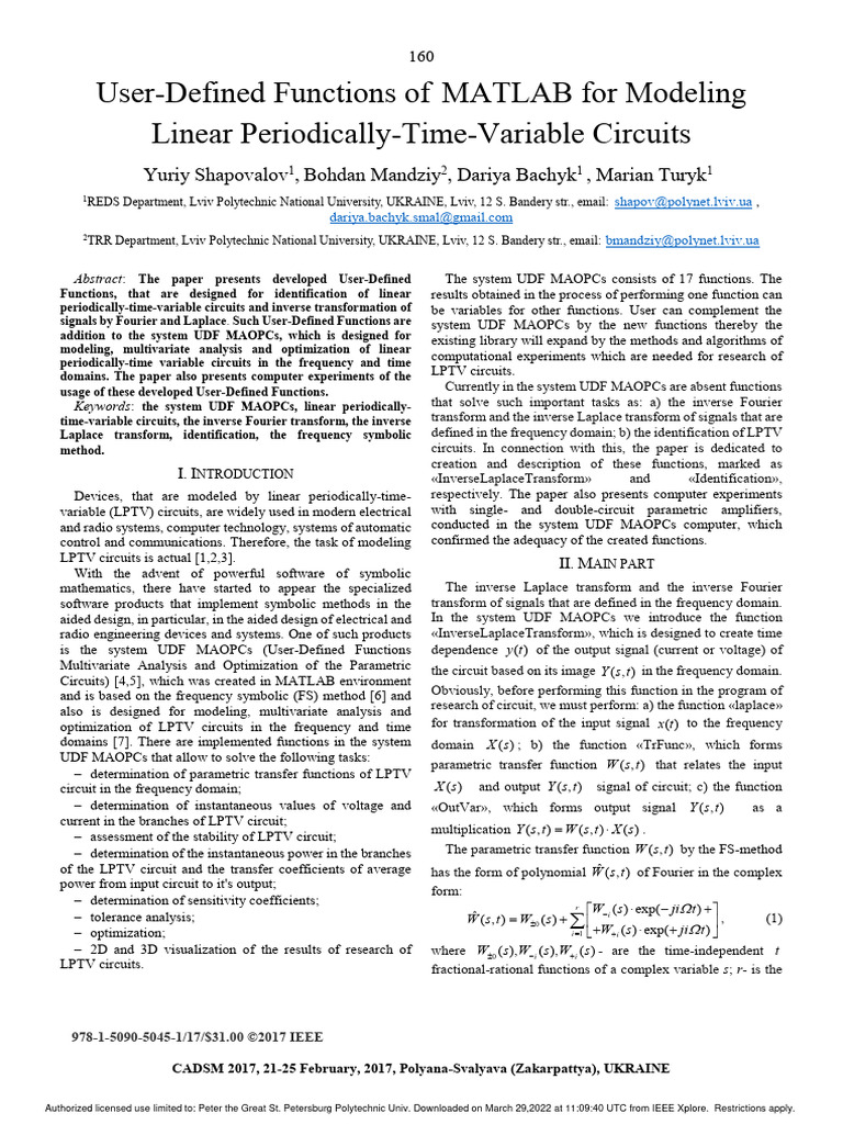 User Defined Functions Of Matlab For Modeling Linear Periodically Time Variable Circuits Pdf
