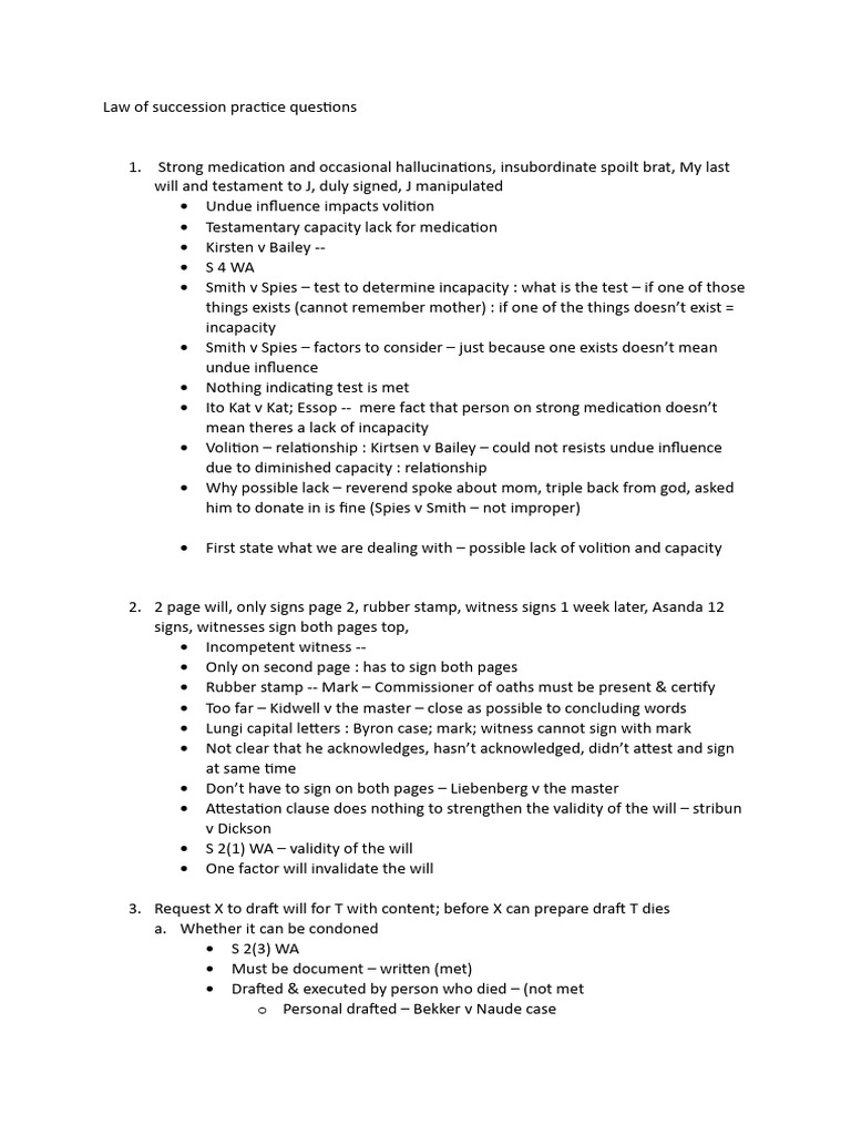 Law of Succession Practice Questions | PDF | Will And Testament | Civil ...