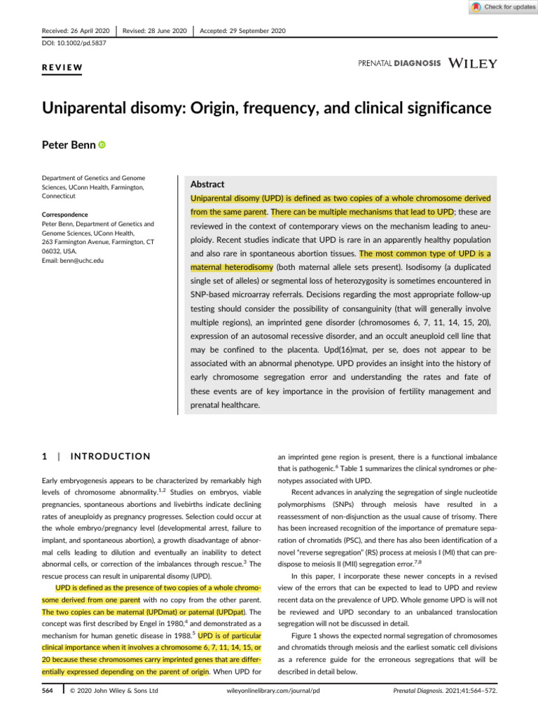 Prenatal Diagnosis - 2020 - Benn - Uniparental Disomy Origin Frequency ...