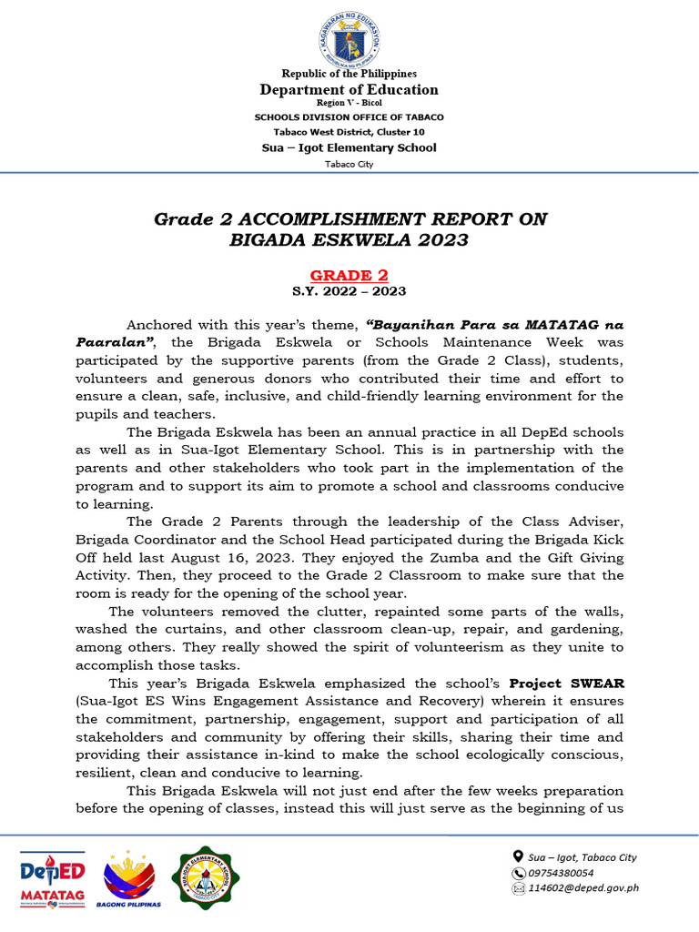 Brigada Sa Grade 2 Accomplishment Report | PDF
