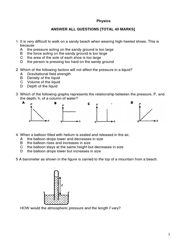 Year 10 Physics Exam Paper 1 | PDF | Pressure | Gases