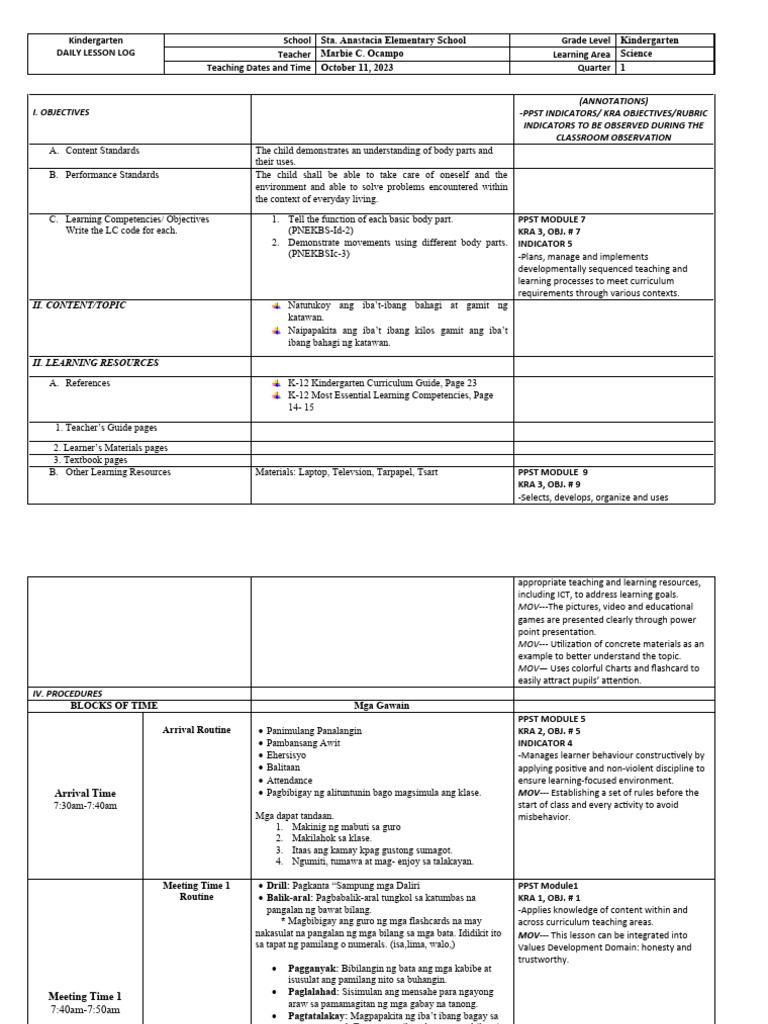 Cot1 DLP Kindergarten | PDF | Educational Assessment | Learning