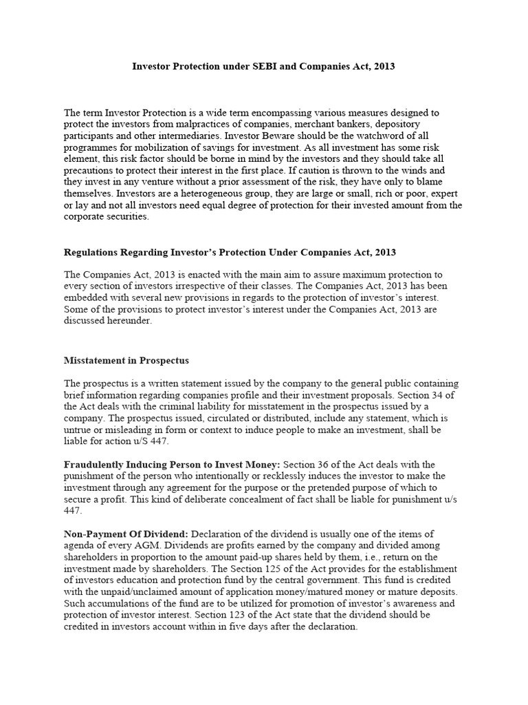 Investor Protection Under SEBI and Companies Act | PDF | Investing ...