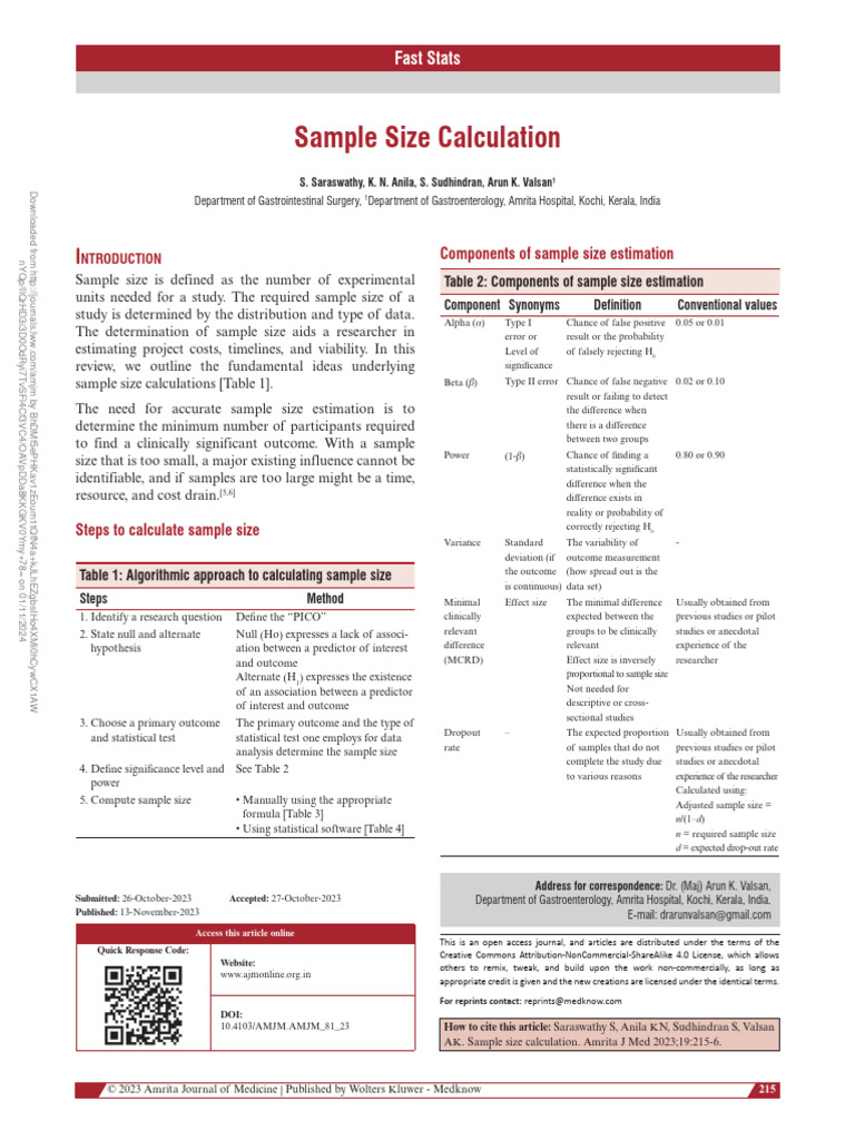 Sample Size Calculation | PDF | Statistics | Type I And Type Ii Errors