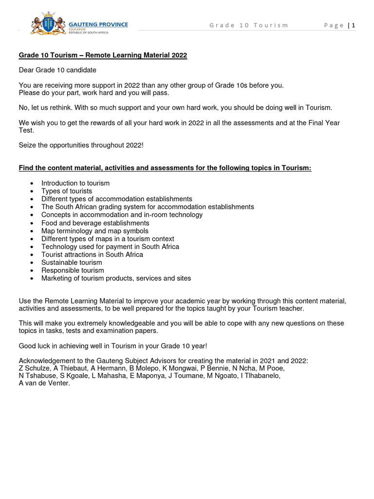 Tourism Grade 10 2022 Gauteng Compiled Booklets | PDF | Tourism | Dormitory