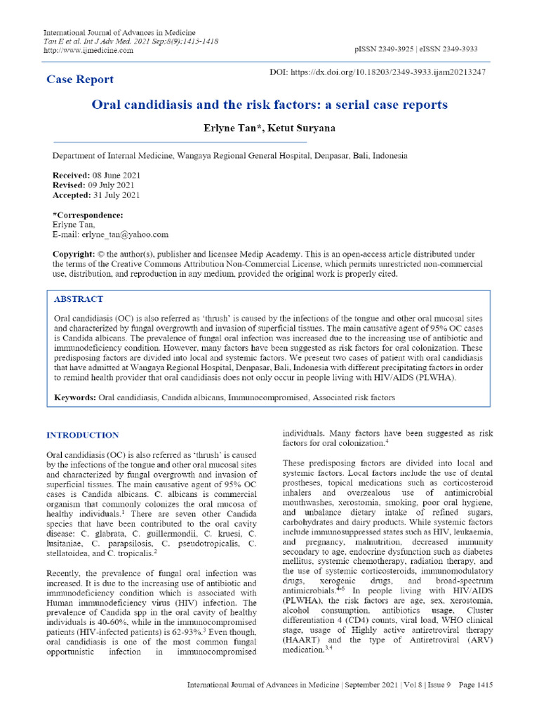 Oral Candidiasis and The Risk Factors-A Serial Case Reports | PDF