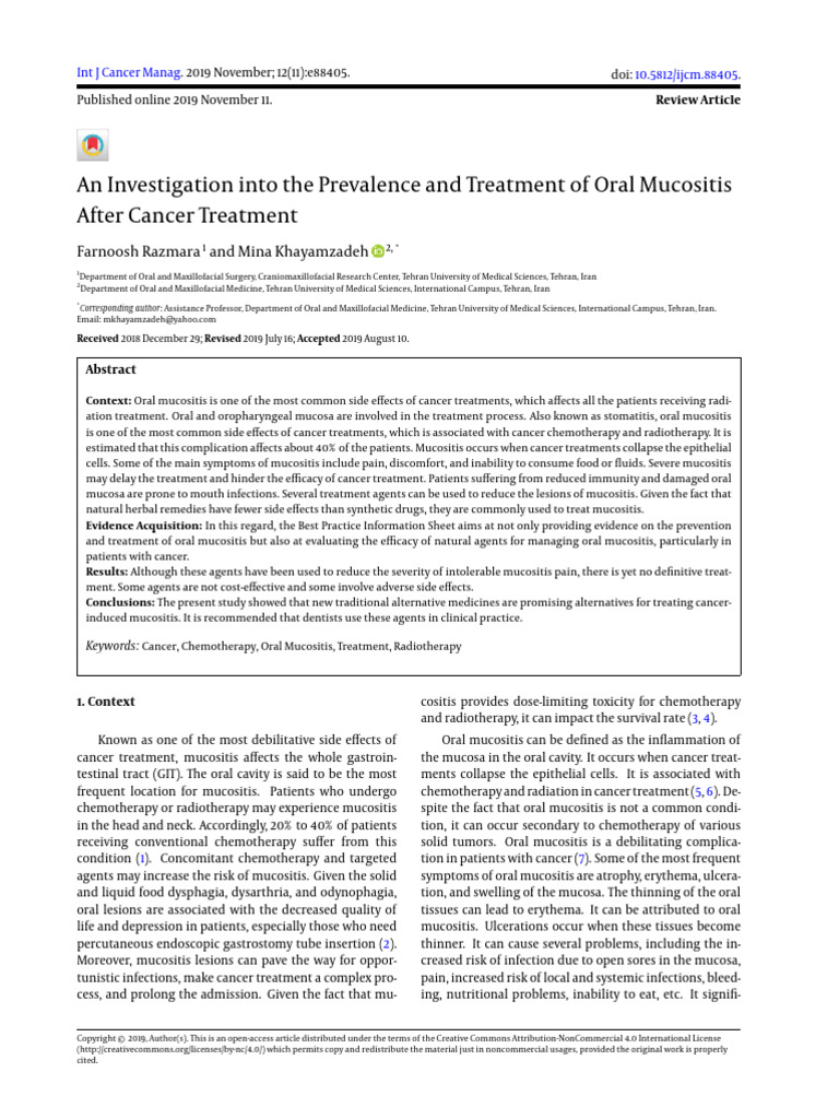 An Investigation Into The Prevalence and Treatment of Oral Mucositis | PDF | Chemotherapy | Head ...