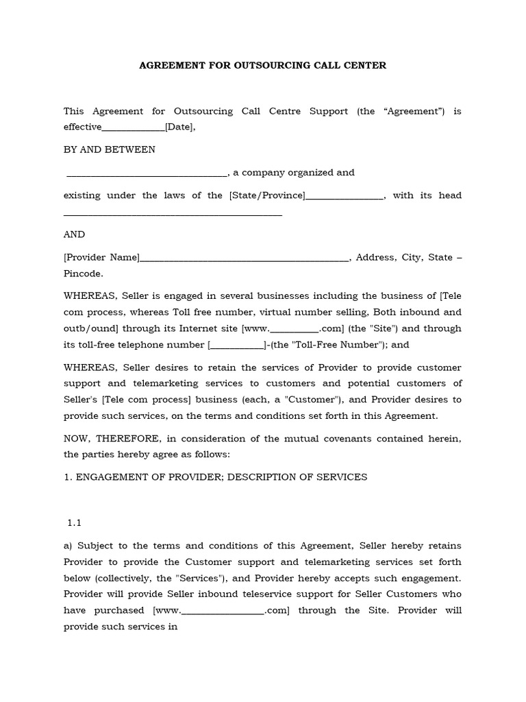Agreement For Outsourcing Call Center | PDF | Indemnity | Bankruptcy