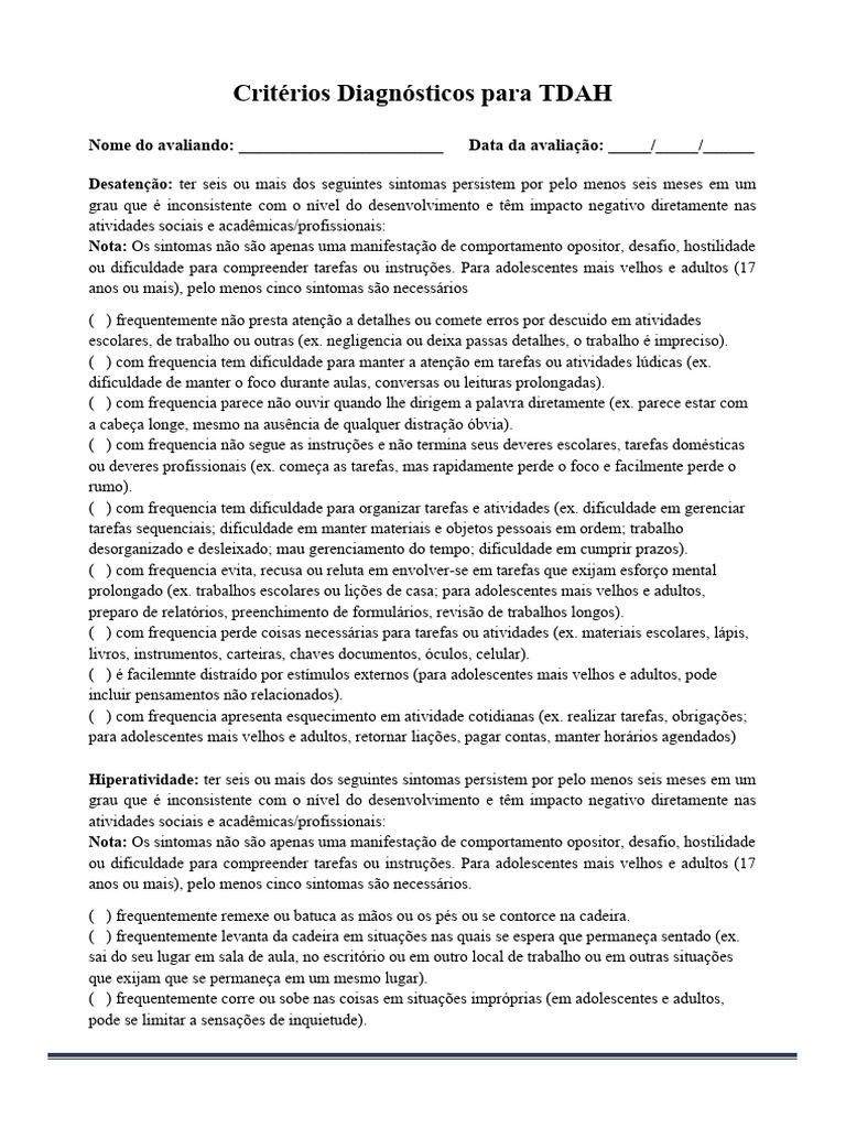 Criterios Diagnósticos para o TDAH - DSM-VI-TR | PDF | Transtorno de ...