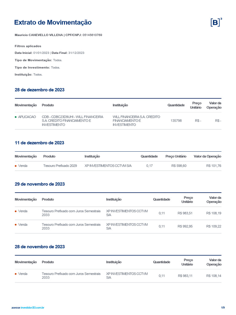 Movimentacao 2024 02 07 10 26 14 | PDF | Comprovante de depósito | Investimentos