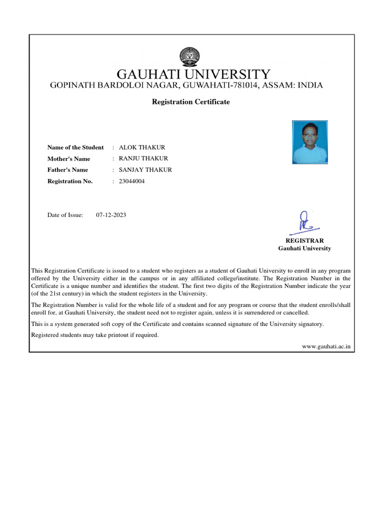 Gauhati University Registration Certificate | PDF