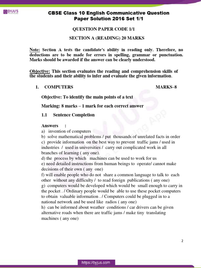 CBSE Class 10 English Communicative Previous Year Question Paper ...