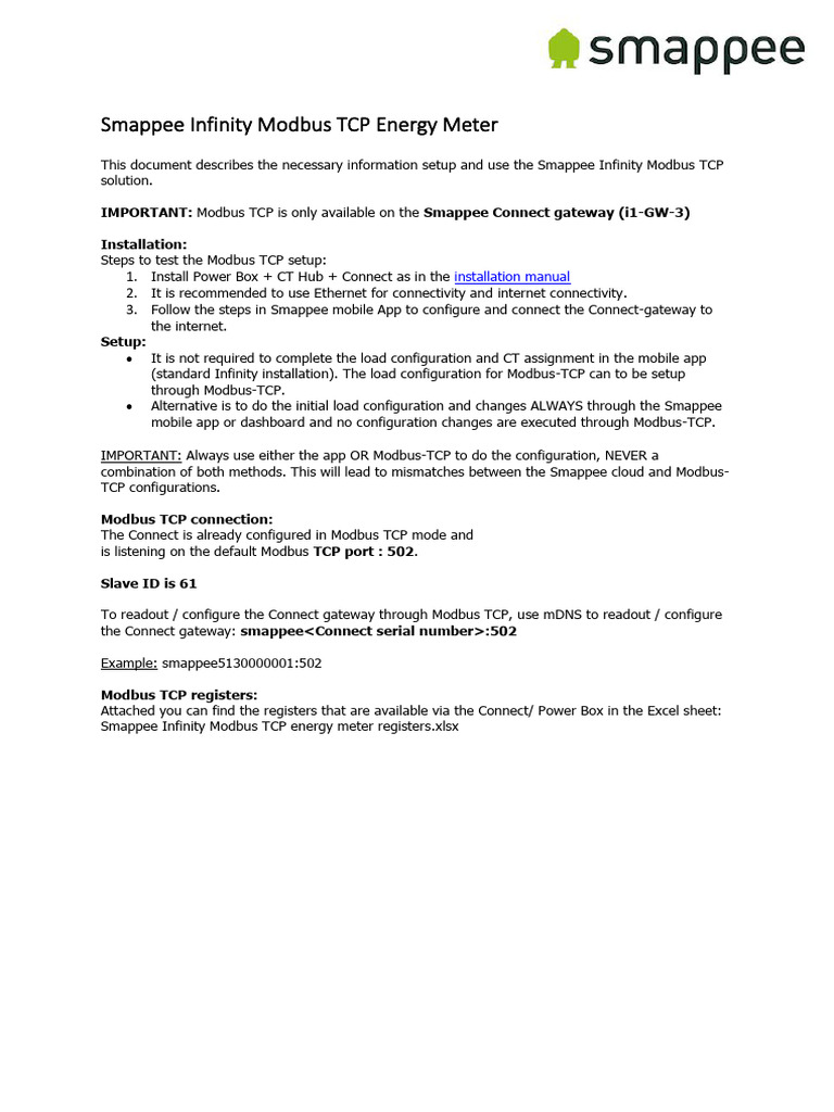 Smappee Infinity Modbus TCP Energy Meter Registers - Setup | PDF