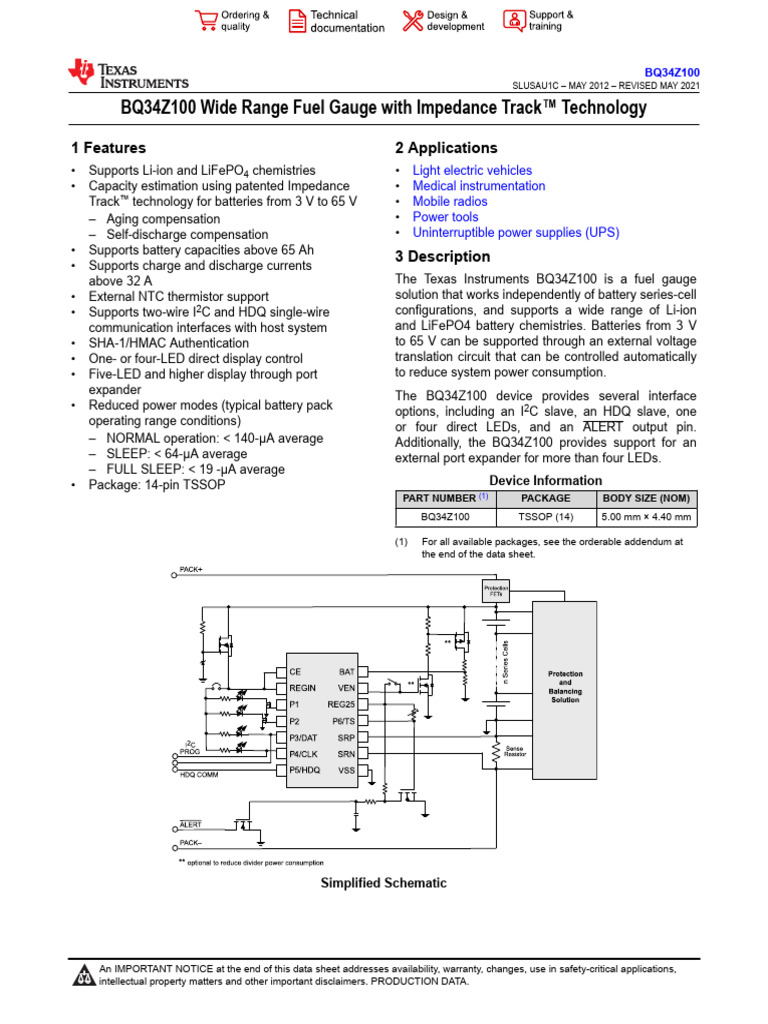 BQ34Z100 Wide Range Fuel Gauge With Impedance Track™ Technology | PDF ...