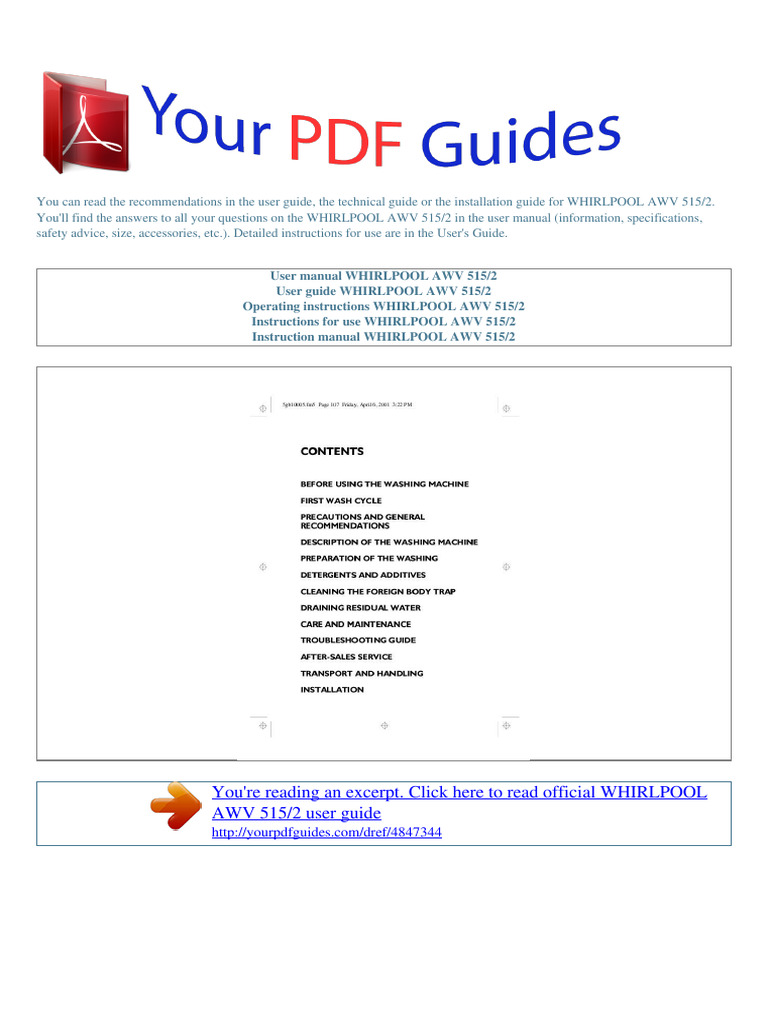 user-manual-WHIRLPOOL-AWV 515 - 2-E | PDF | Ac Power Plugs And Sockets ...