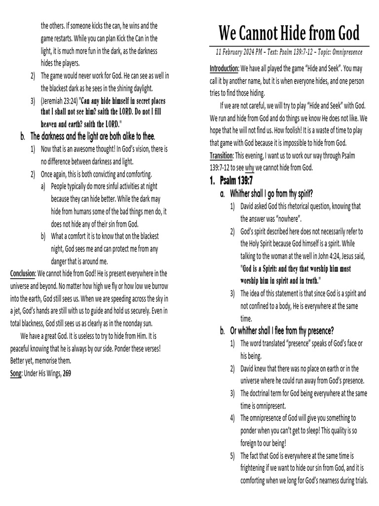 Psa 139.07 12 We Cannot Hide From God | PDF | God | David