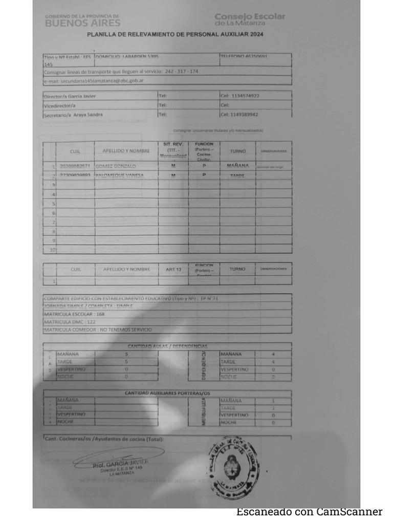 Relevamiento Auxiliares EES 145 | PDF