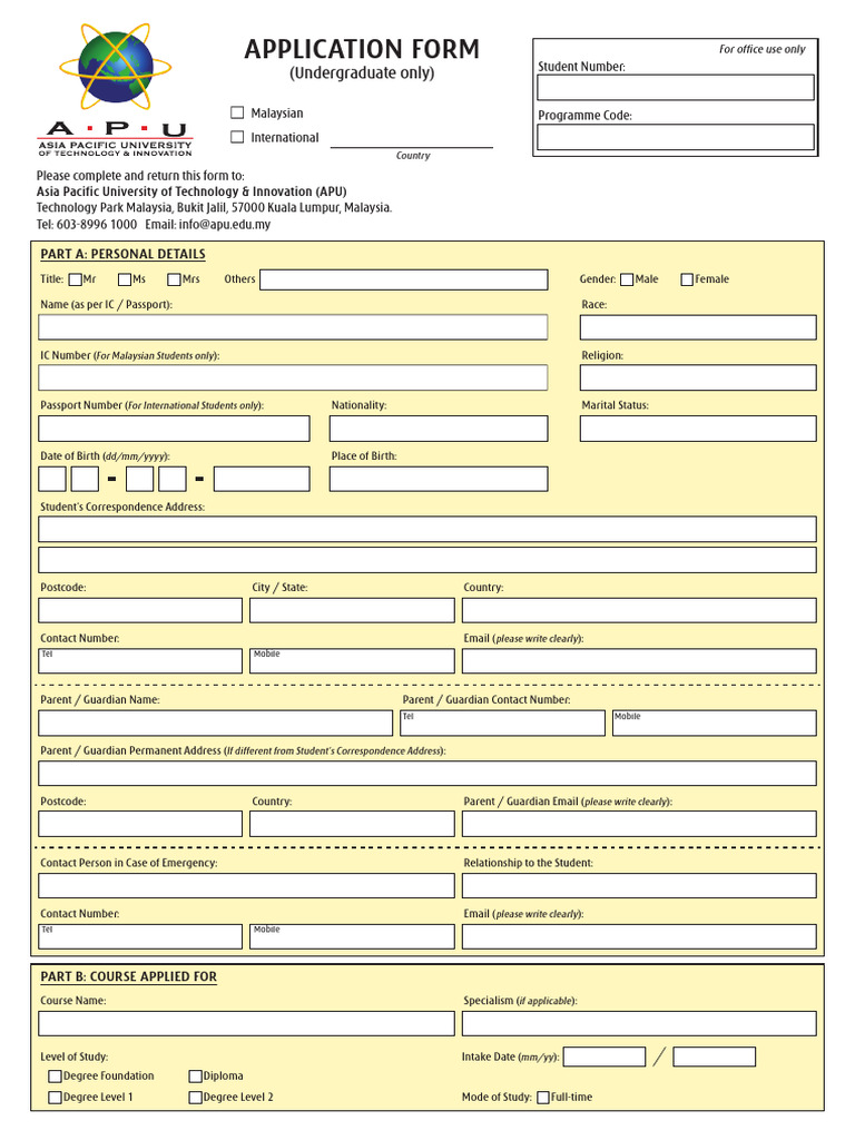 2023 Apr APU Application Form - UnderGraduate-D2 | PDF