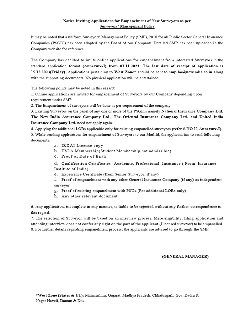 Notice Inviting Applications For Empanelment of Surveyors | PDF | Law