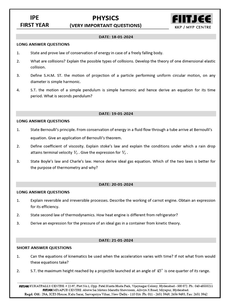 Jr. Physics IPE VIMP Questions 2023-24 | PDF | Rotation Around A Fixed Axis | Velocity