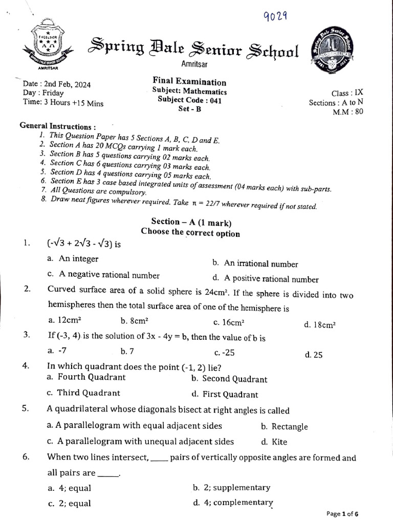 Mathematics Final Examination Set-B (SDSS) | PDF Mathematics Final Examination Set-B (SDSS) | PDF