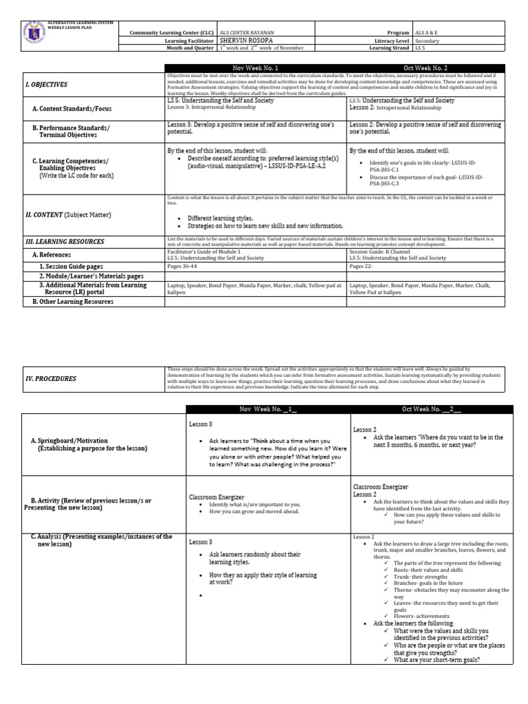 WLL For Nov 1st and 2nd Week | PDF | Learning | Learning Styles