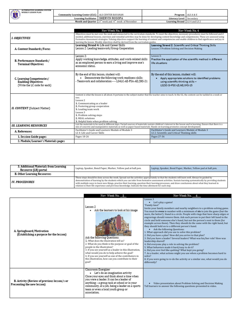 ALS Secondary Lesson Plan | PDF | Learning | Thought