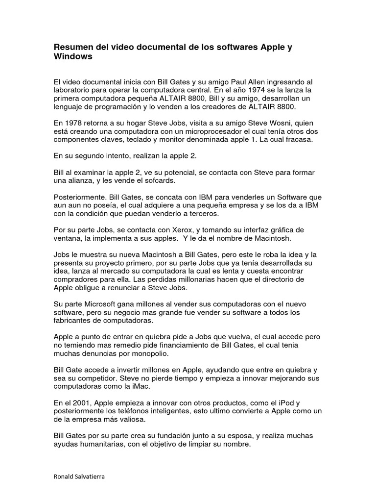 Resumen Del Video Documental de Los Softwares Apple y Windows | PDF