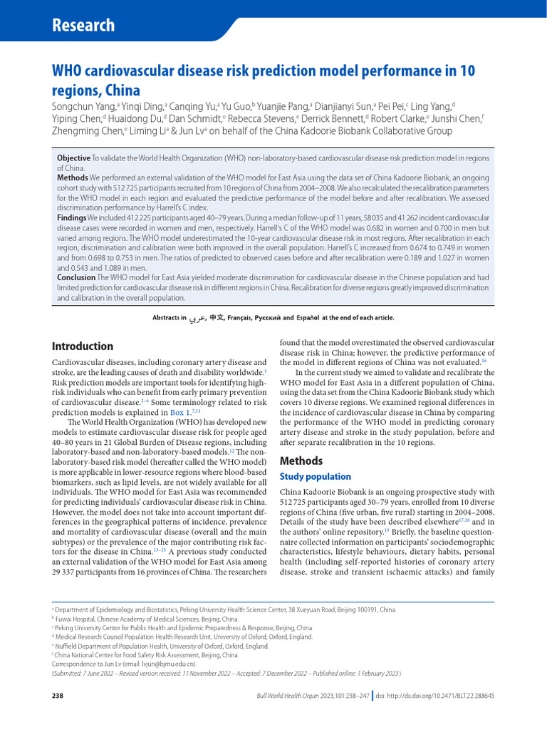WHO Cardiovascular Disease Risk Prediction Model Performance in 10 ...