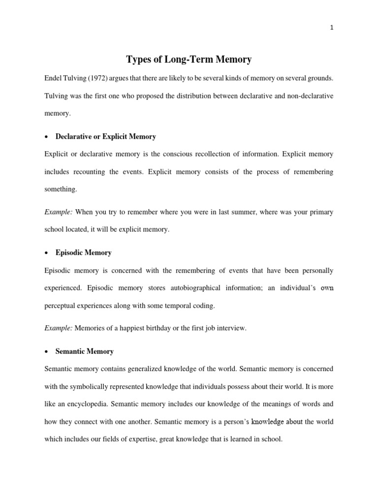 Types of Long Term Memory | PDF | Memory | Long Term Memory
