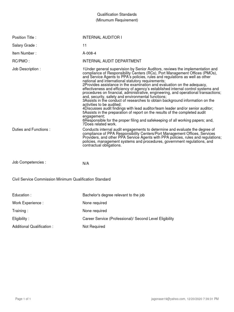 QualificationStandards Internal Auditor I IAD | PDF | Audit | Internal ...