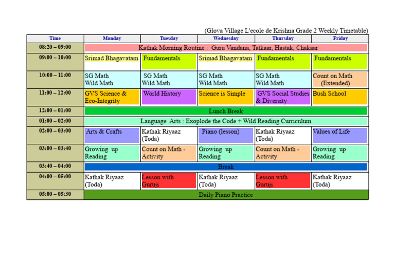 Grade 2 Weekly Timetable Overview | PDF
