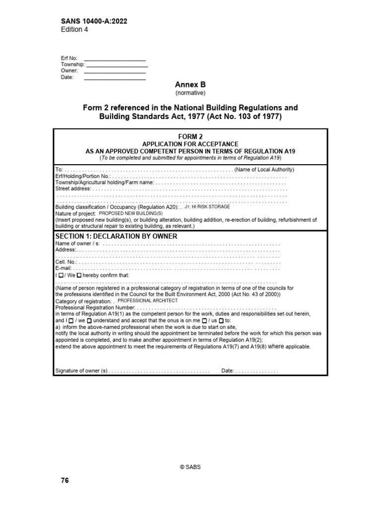 SANS10400-A FORM 2 (2022-2) - Blank | PDF | Sanitation