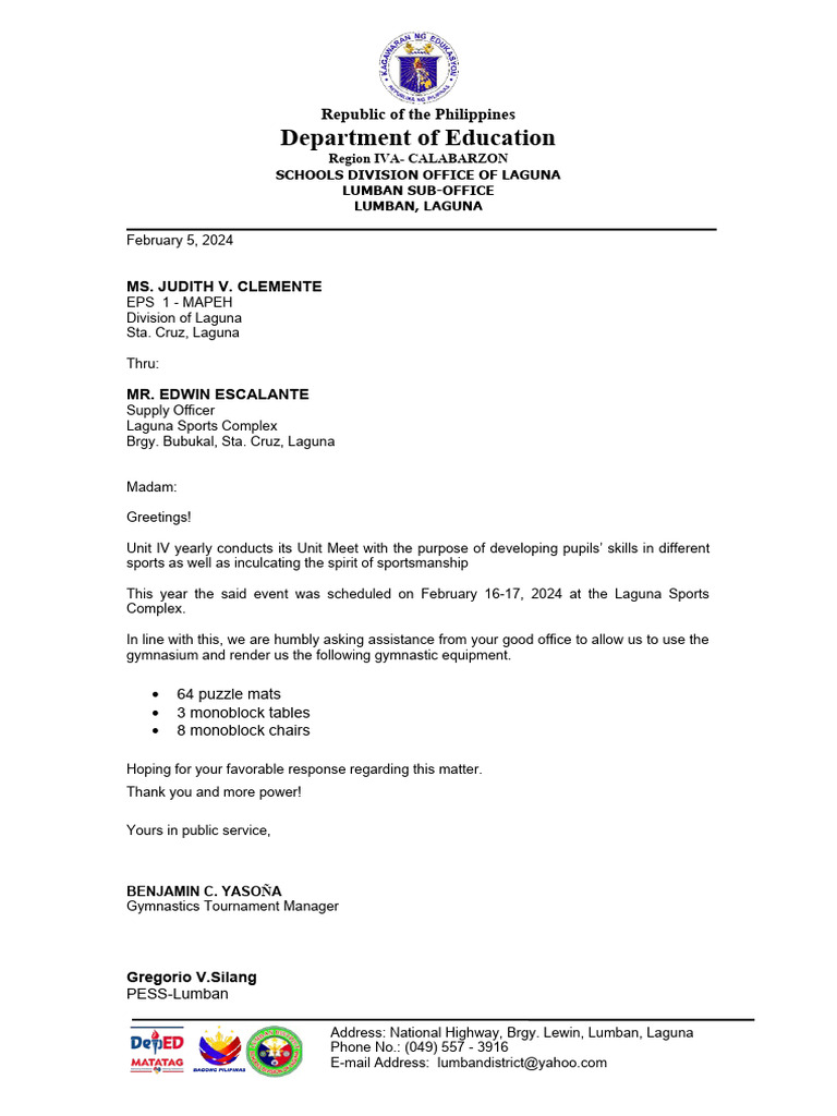Gymnastics Request Letter To Mam Judith Gov Ramil | PDF