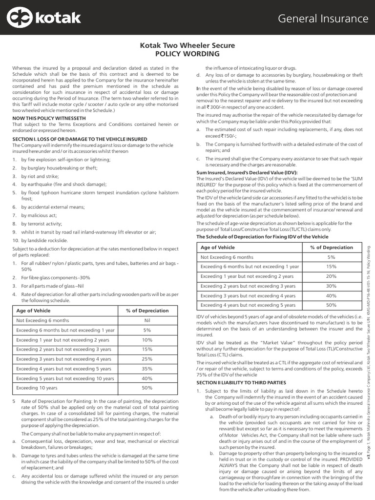 Kotak Two Wheeler Insurance Policy Details | PDF | Indemnity | Insurance