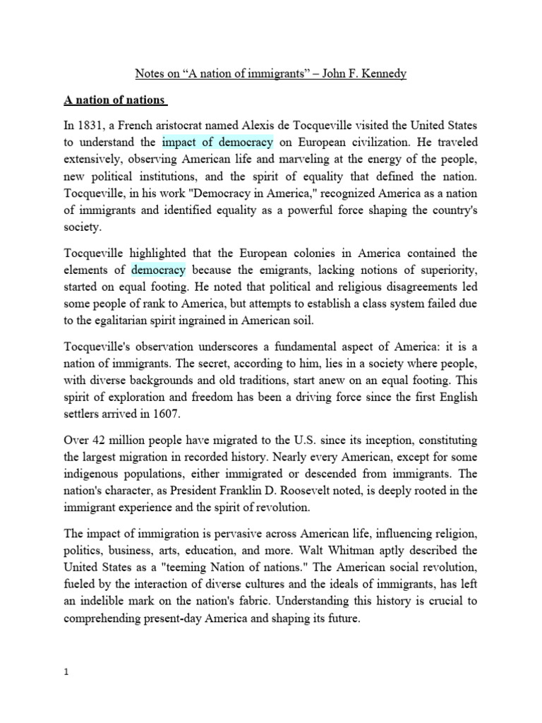 Notes On "A Nation of Immigrants" - John F. Kennedy | PDF | Immigration ...