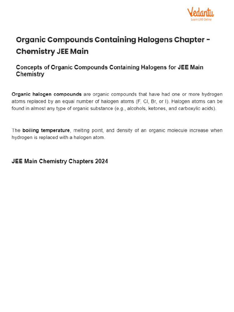 Organic Compounds Containing Halogens Chapter - Chemistry JEE Main | PDF